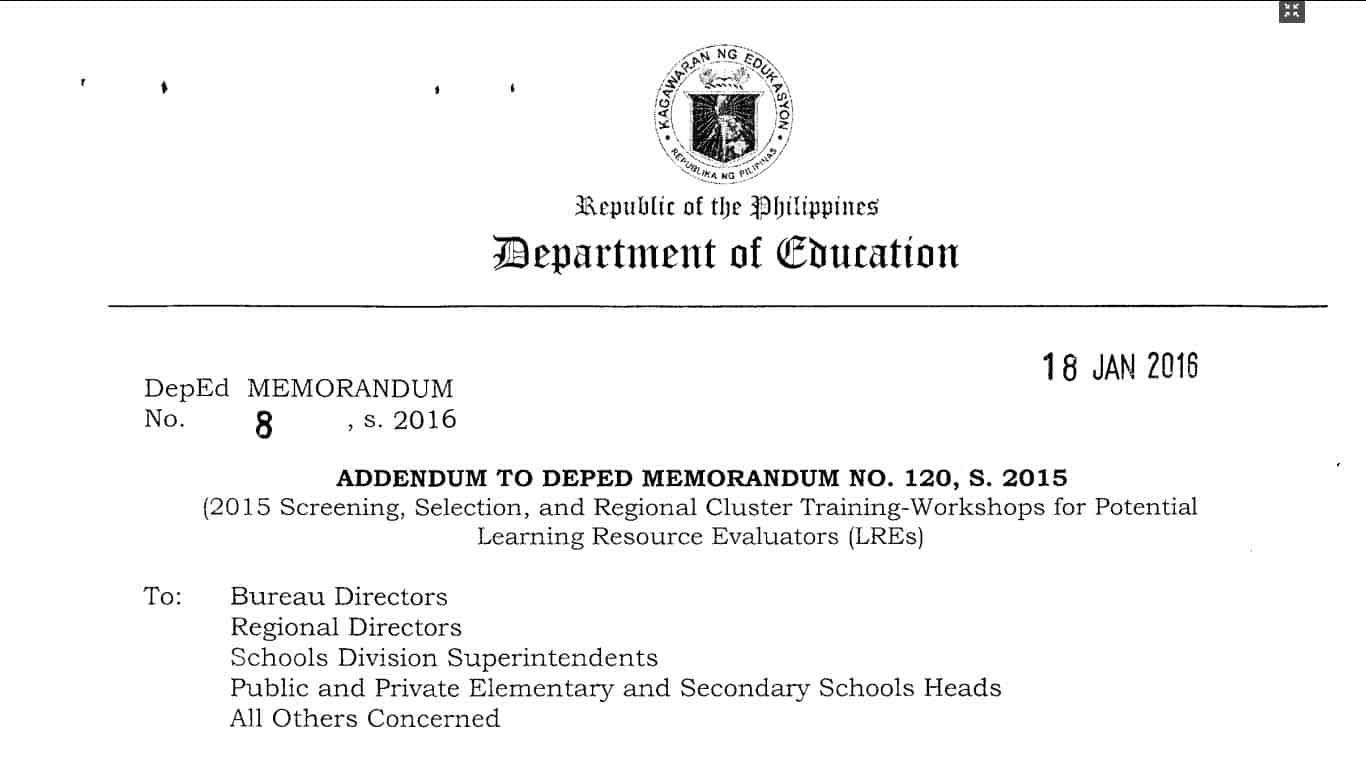 Addendum to DepEd Memorandum No. 120, s. 2015 - TeacherPH Addendum to DepEd Memorandum No. 120, s. 2015 - TeacherPH