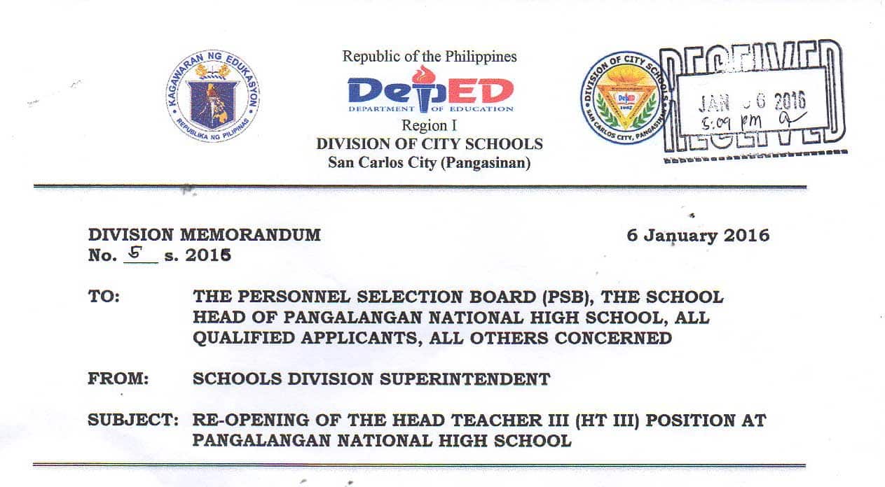 DepEd San Carlos City 2016 Ranking of Head Teacher III Positions ...