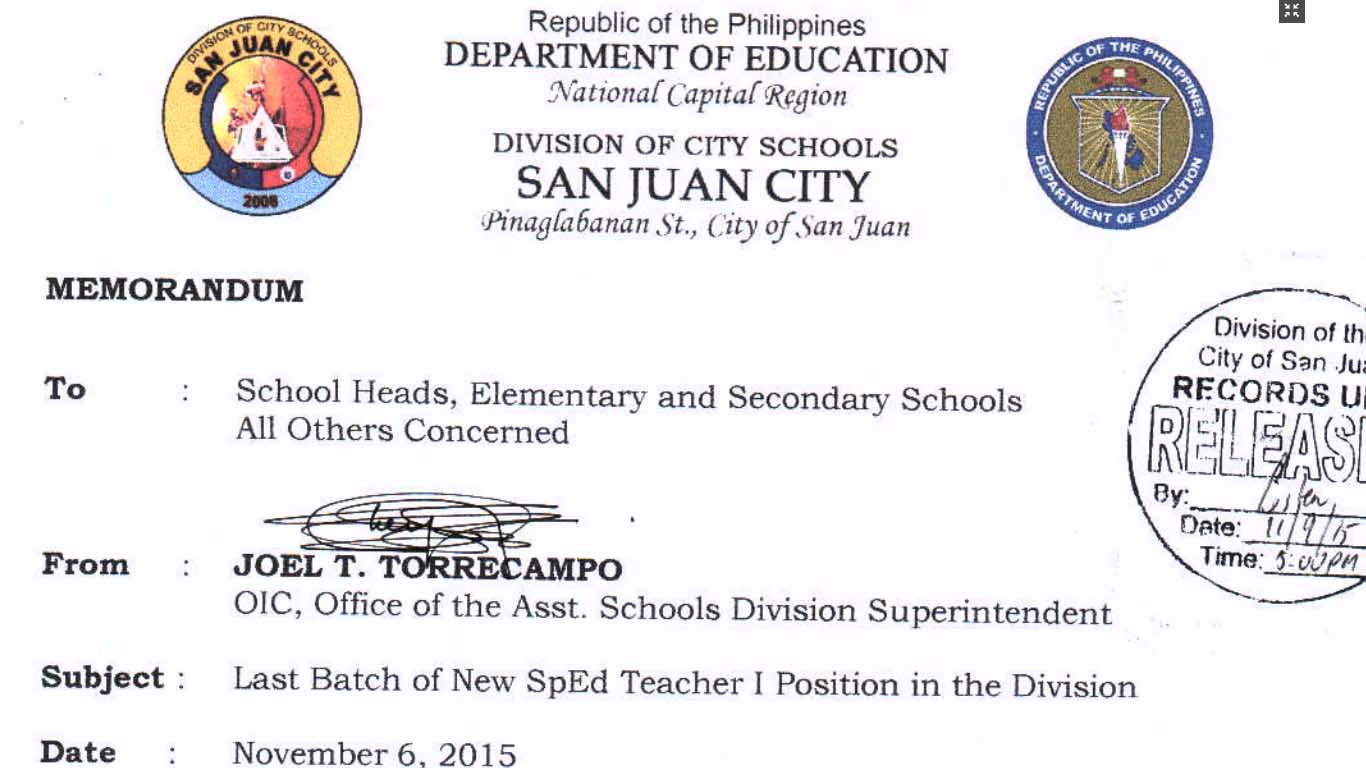 DepEd San Juan City Ranking of SPED Teacher I Positions