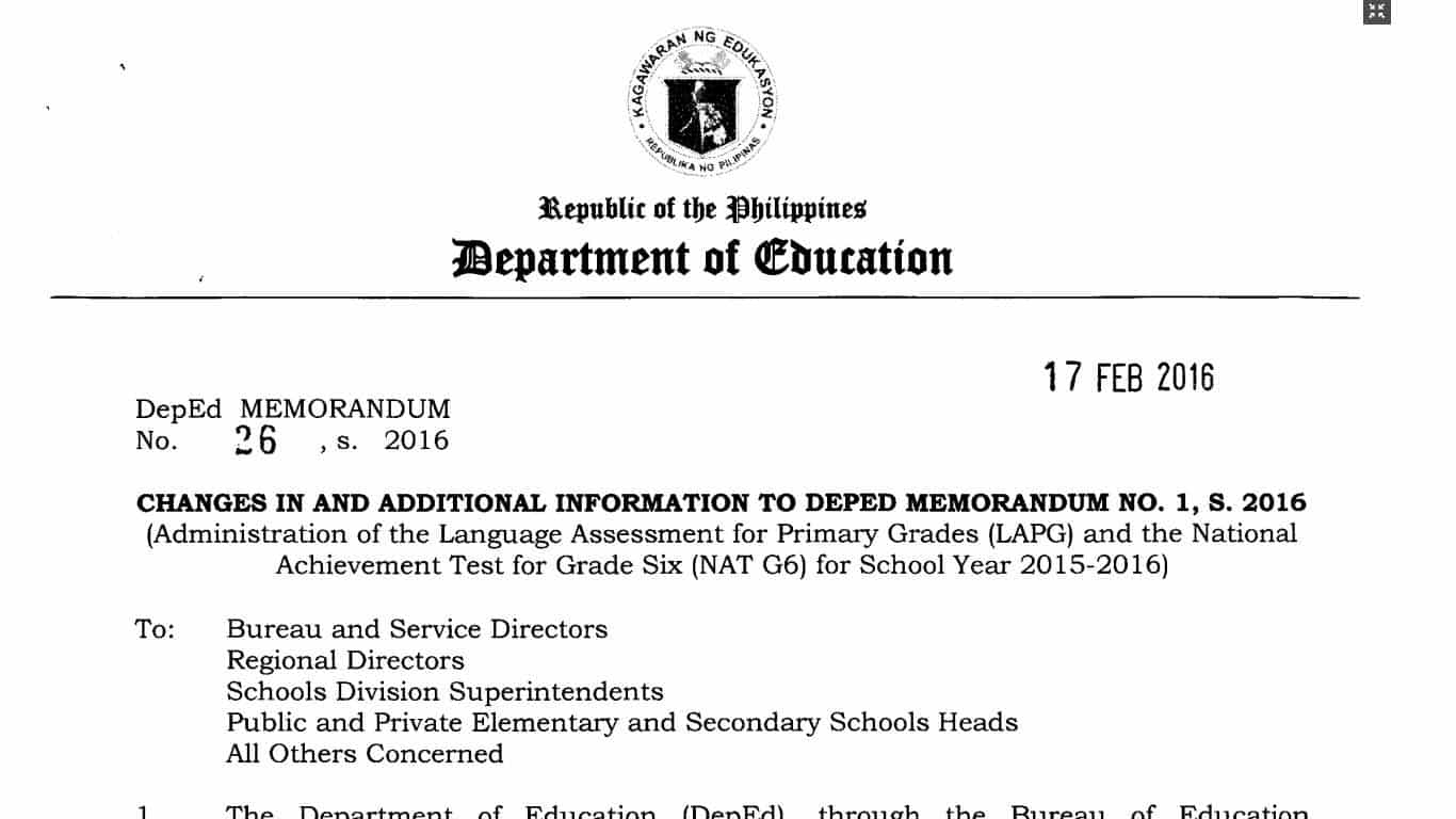 Changes in and Additional Information to DepEd Memorandum No. 1, s ...