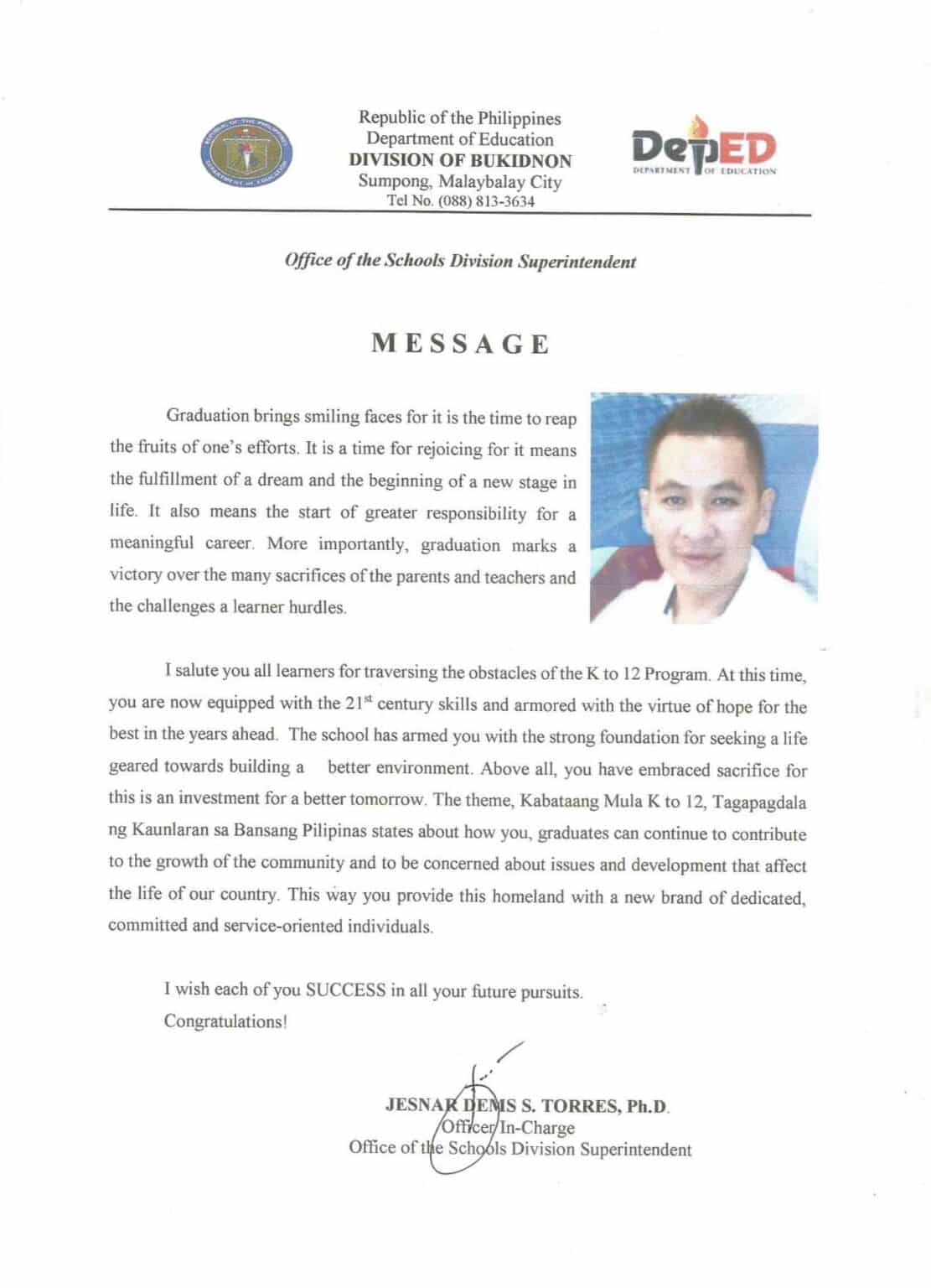 2016 Graduation Message of Jesnar Dems S. Torres OIC- Schools Division ...