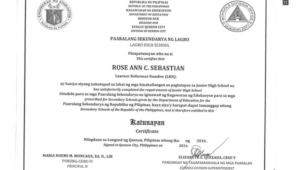 DepEd Quezon City Sample Junior High School Certificate - TeacherPH