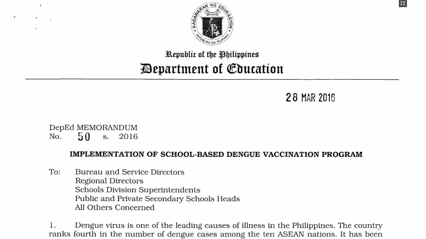 Implementation of School-Based Dengue Vaccination Program - TeacherPH
