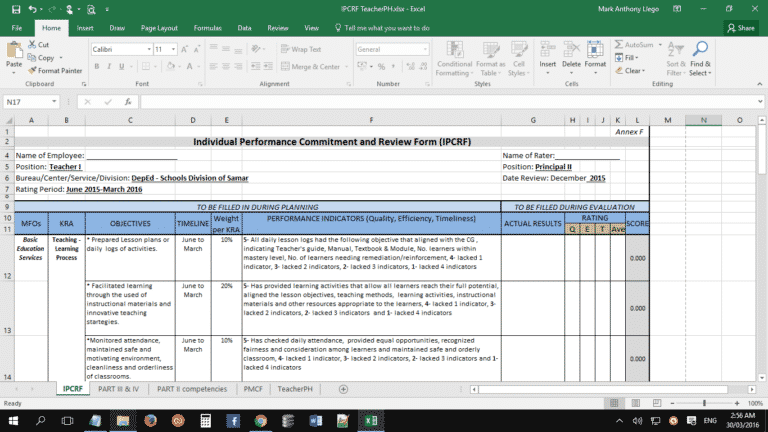 Individual Performance Commitment and Review Form (IPCRF) Template ...