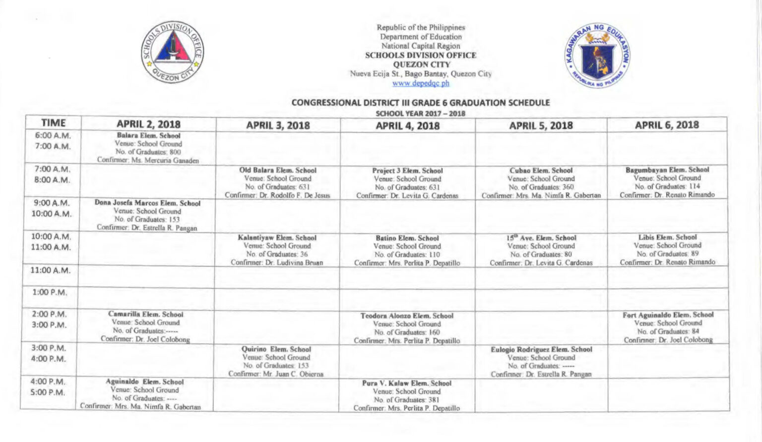 DepEd Quezon City 2018 Graduation Schedule - TeacherPH