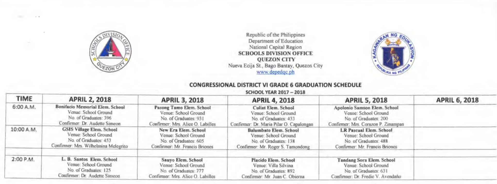 DepEd Quezon City 2018 Graduation Schedule - TeacherPH