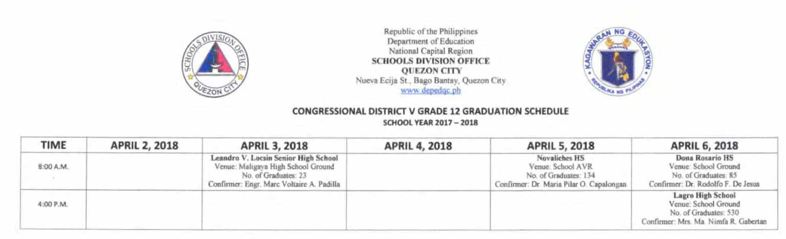 DepEd Quezon City 2018 Graduation Schedule - TeacherPH