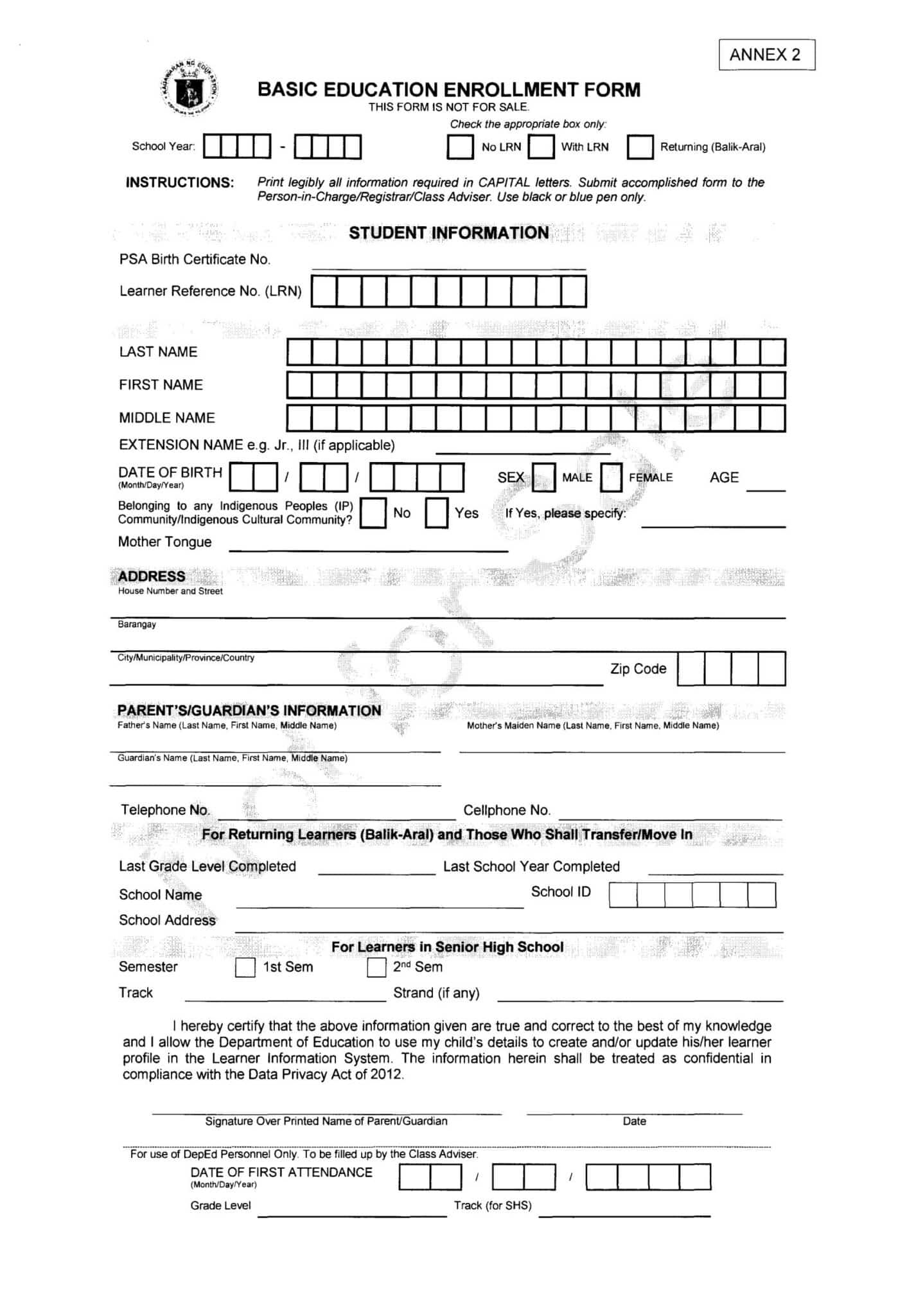 DepEd Basic Education Enrollment Form - TeacherPH