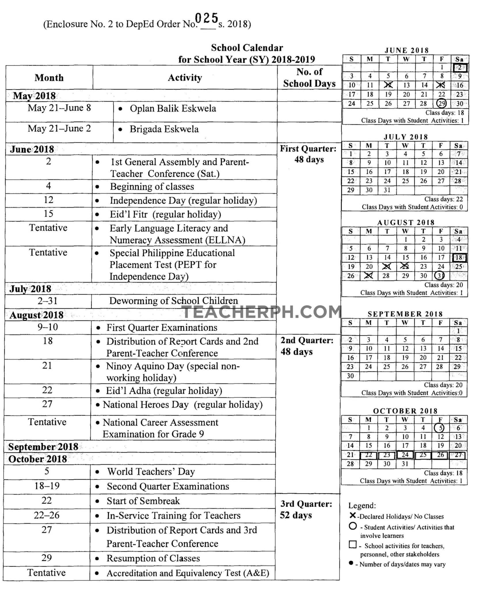 DepEd School Calendar for School Year 2018-2019 - TeacherPH