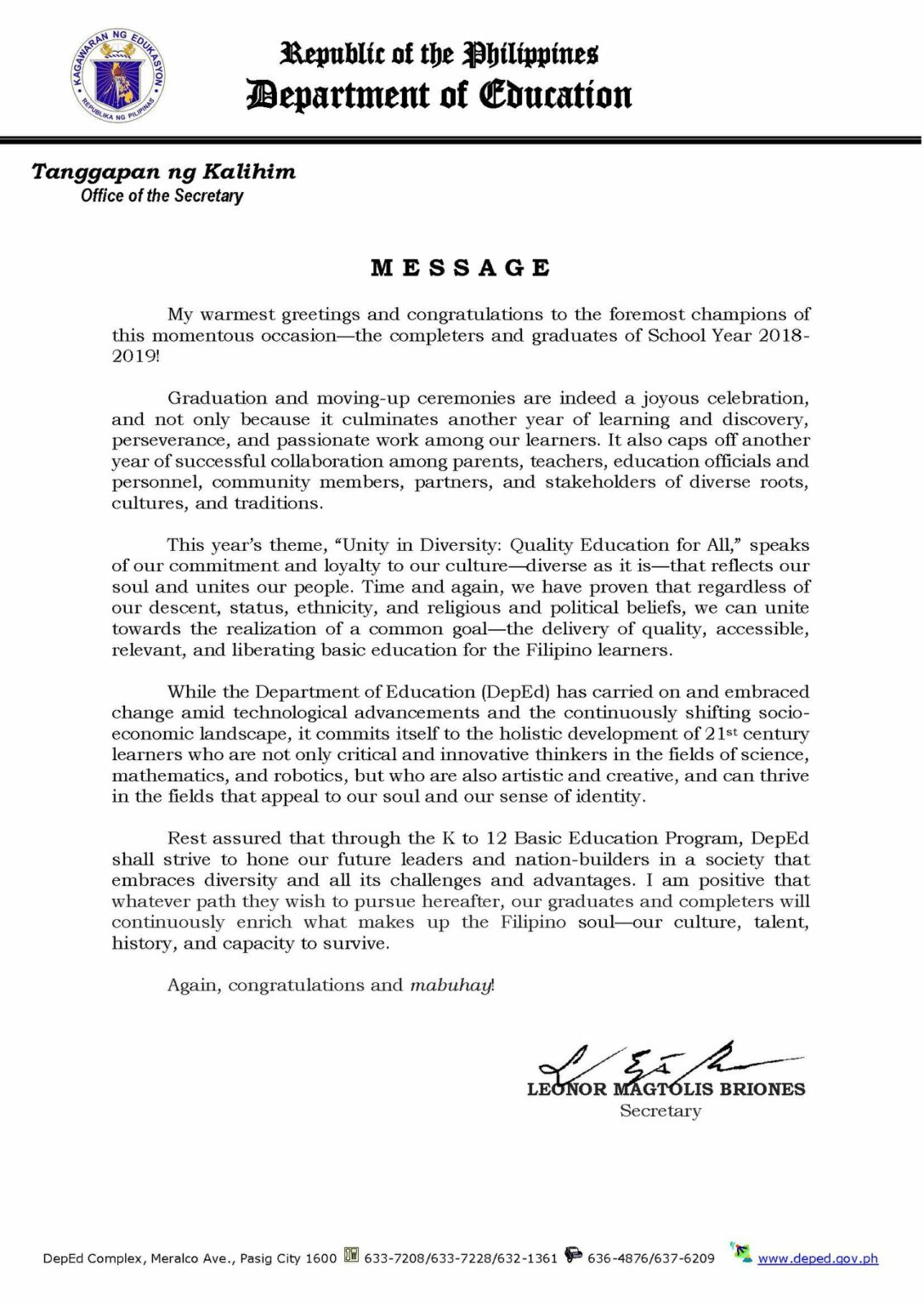 2019 Graduation Message of DepEd Secretary Leonor Magtolis Briones ...