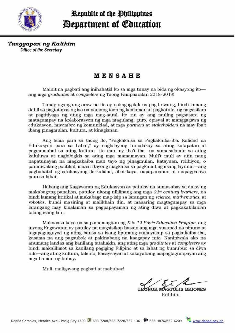 2019 Graduation Message of DepEd Secretary Leonor Magtolis Briones ...