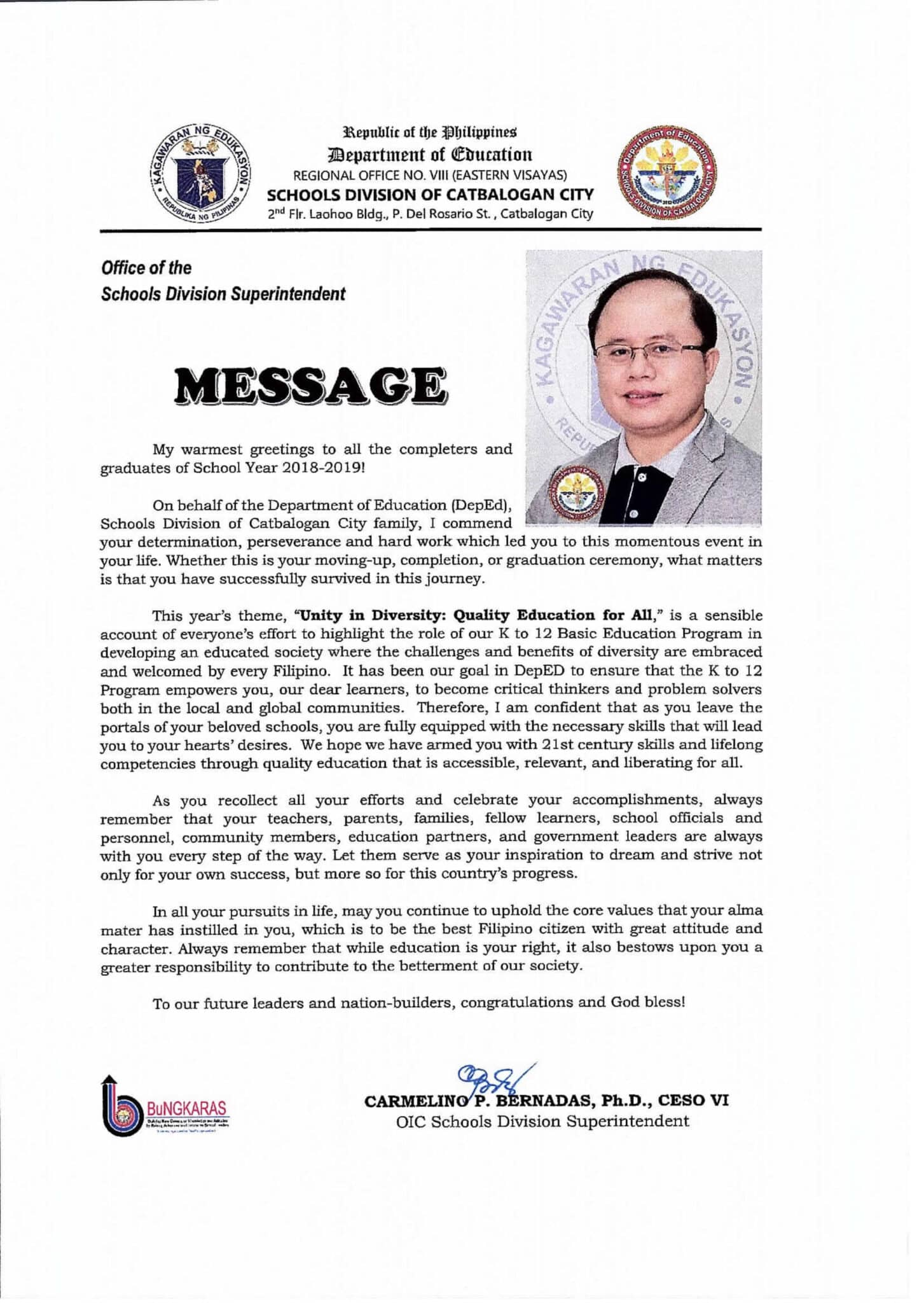 2019 Graduation Message of OIC-SDS Carmelino P. Bernadas - TeacherPH