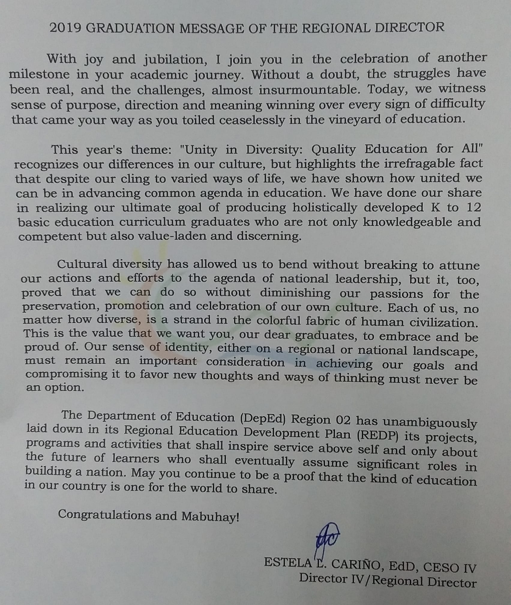 2019 Graduation Message of Regional Director Estela L. Cariño - TeacherPH