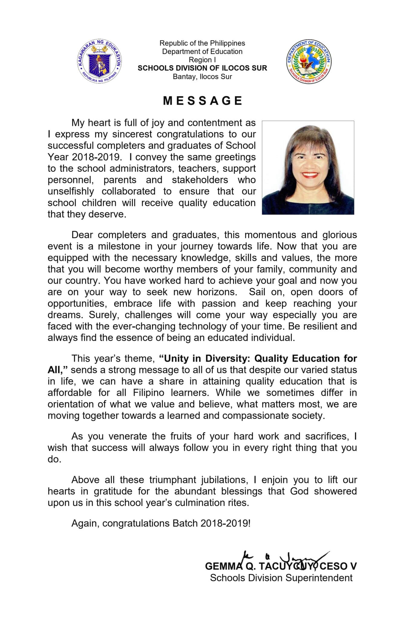 2019 Graduation Message of SDS Gemma Q. Tacuycuy - TeacherPH