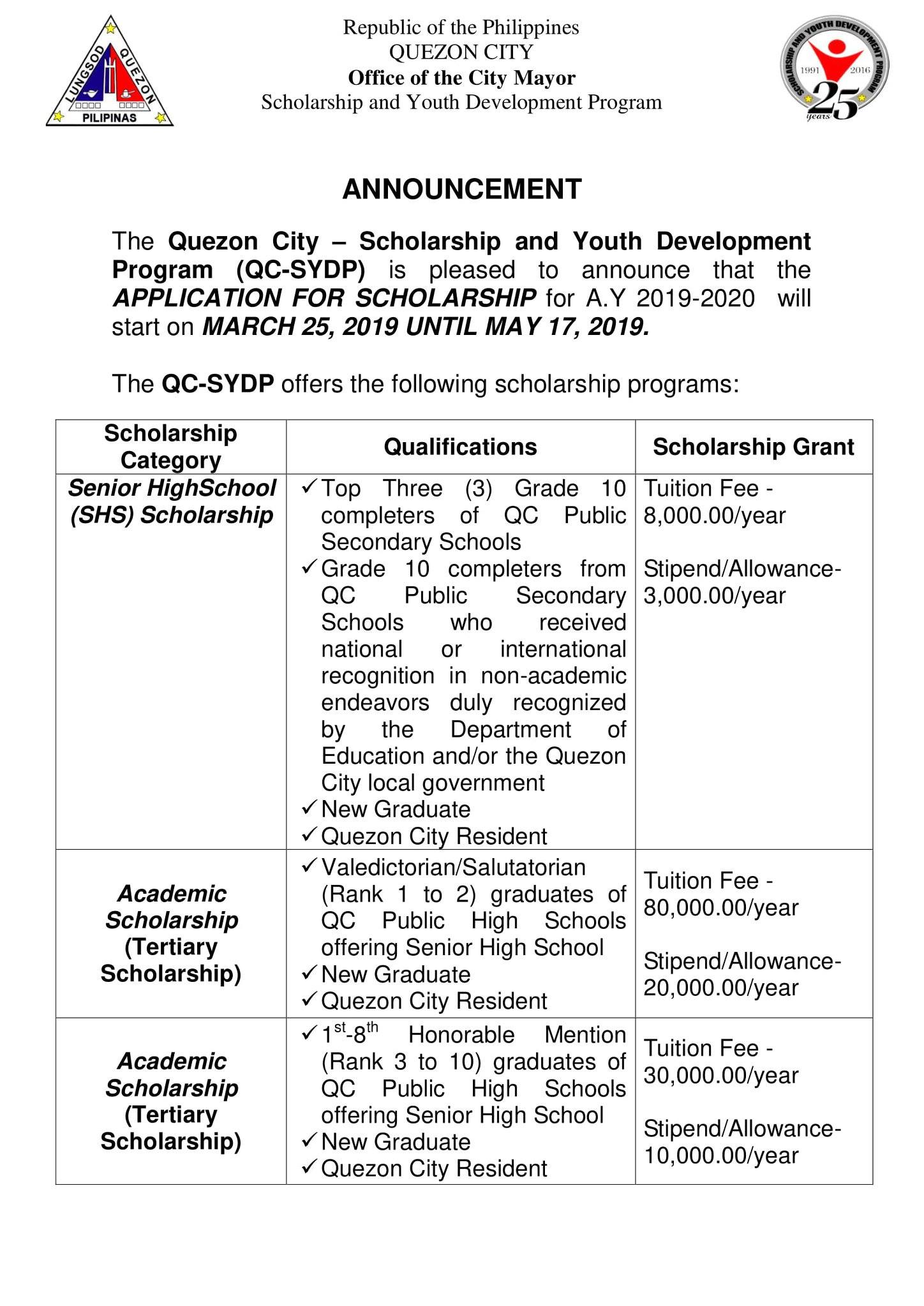 2019 Quezon City Scholarship and Youth Development Program - TeacherPH
