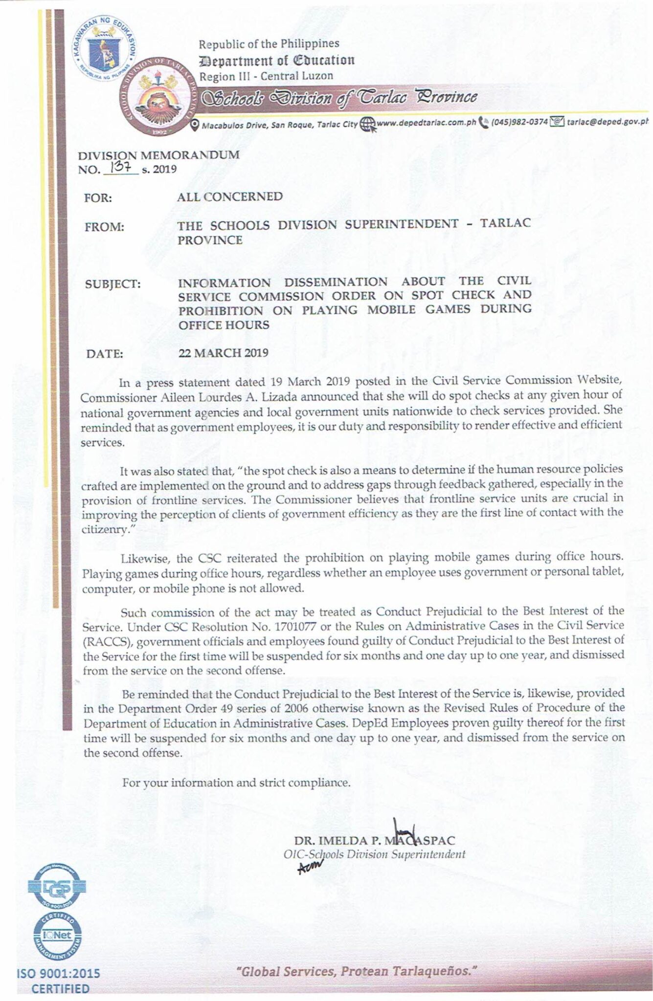 2019 Civil Service Commission (CSC) Order on Spot Check - TeacherPH
