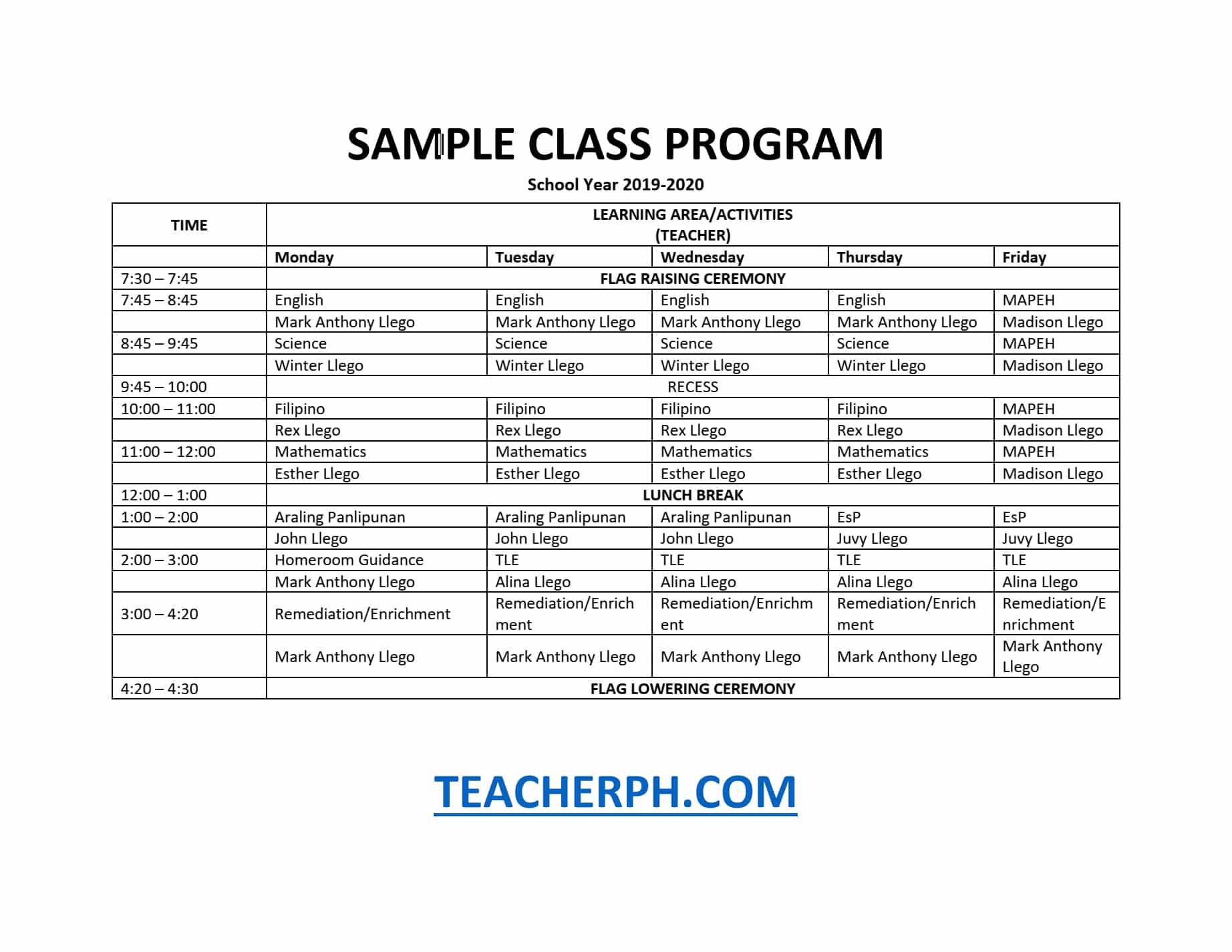 DepEd Sample Class Program and Teacher’s Schedule - TeacherPH