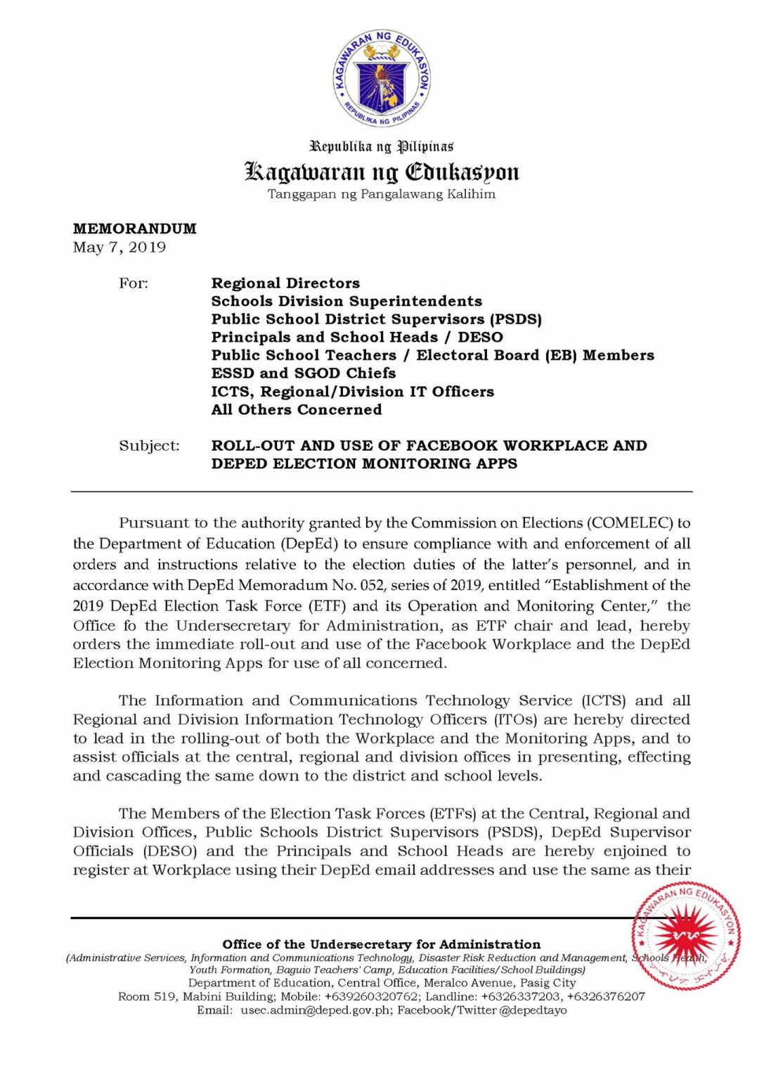 Roll-Out and Use of Facebook Workplace and Deped Election Monitoring ...