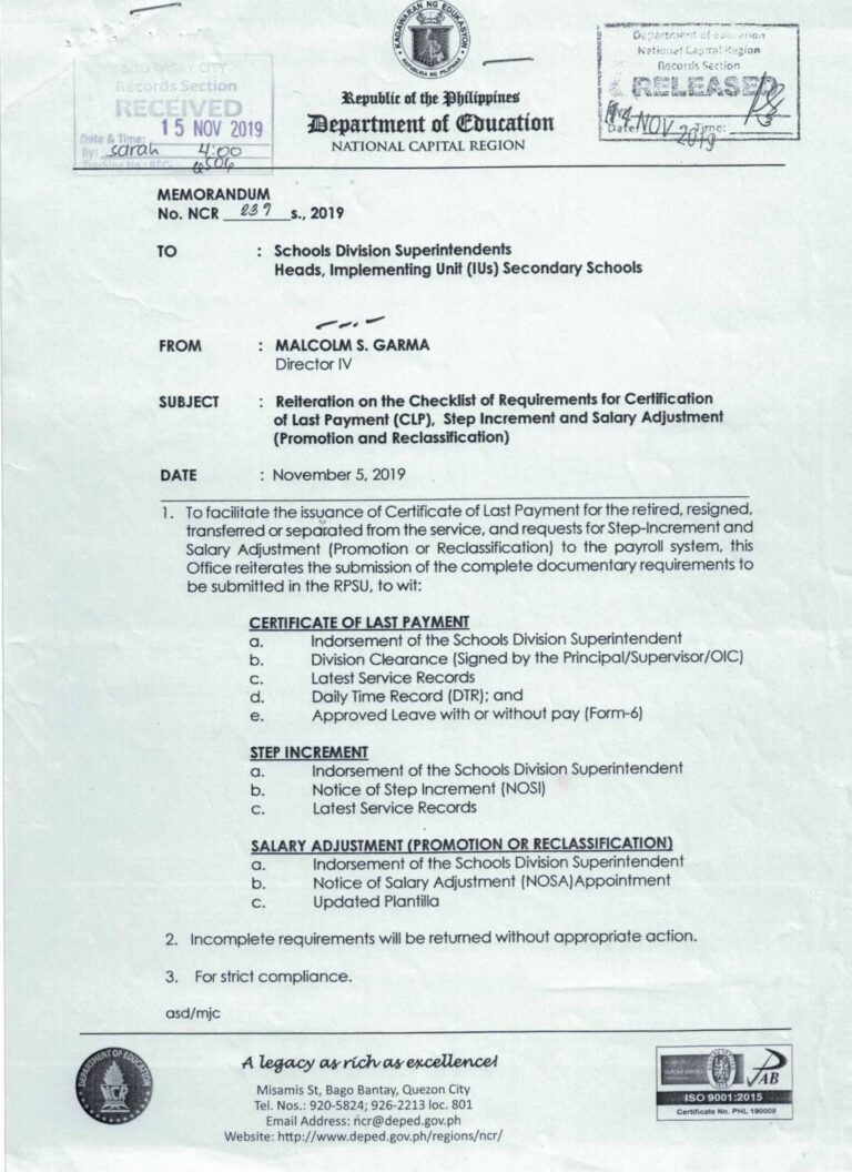 DepEd Requirements for Certification of Last Payment, Step Increment ...