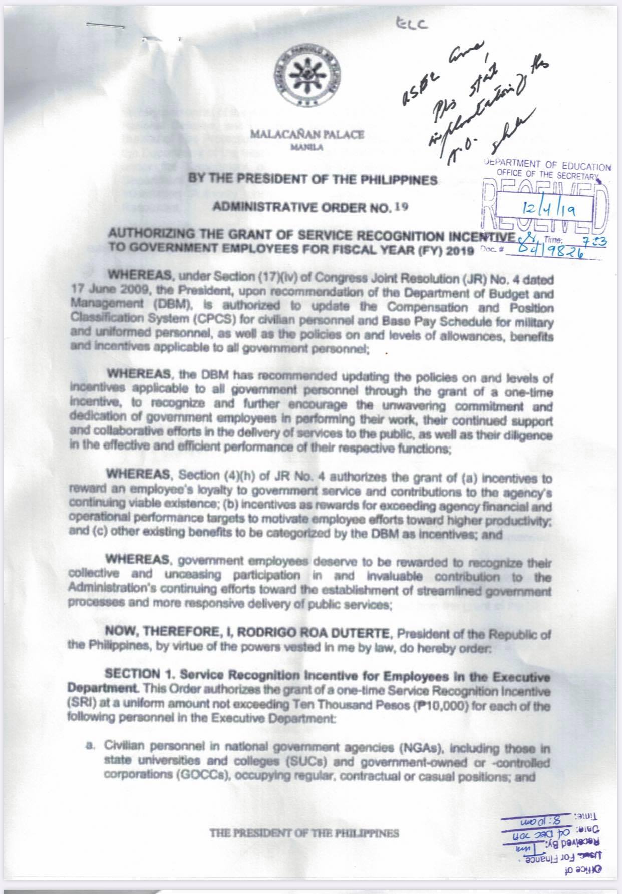 Government Employees to Receive Service Recognition Incentive (SRI) for ...