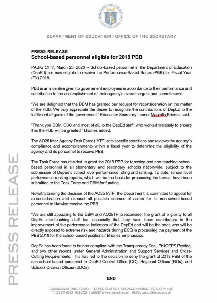 DepEd school-based personnel now eligible for 2018 PBB - TeacherPH