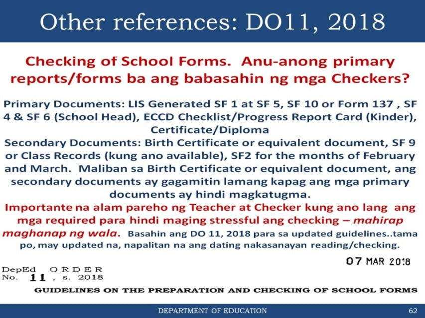 General Reminders on the Checking of School Forms for School Year 2019 ...