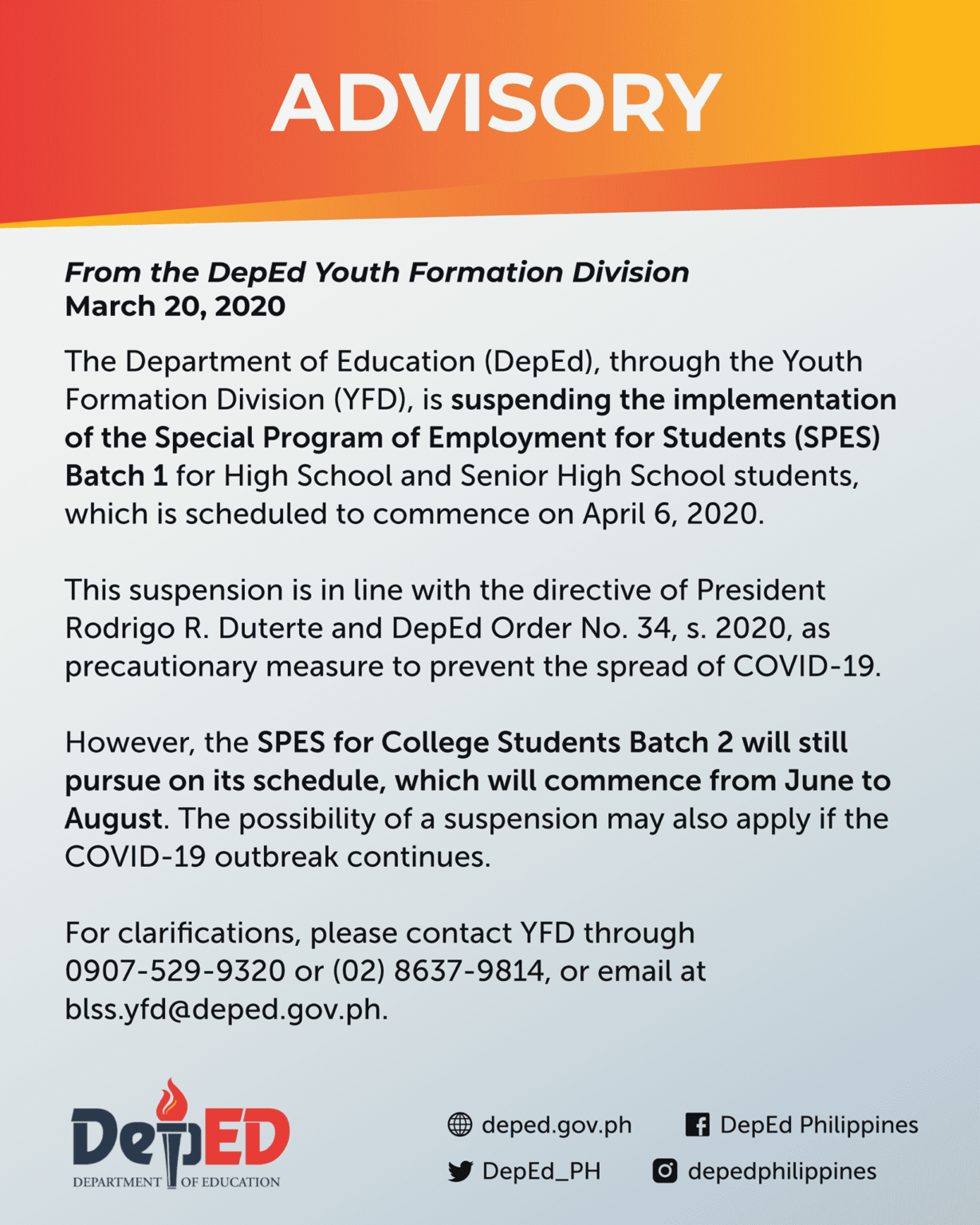 2020 DepEd Special Program for the Employment of Students (SPES ...