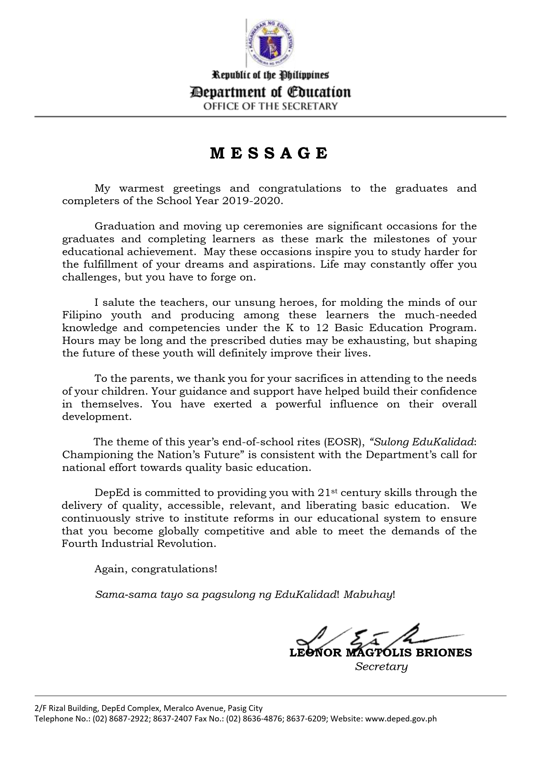 DepEd Secretary’s Message on the Graduation/Moving-up Ceremonies for ...