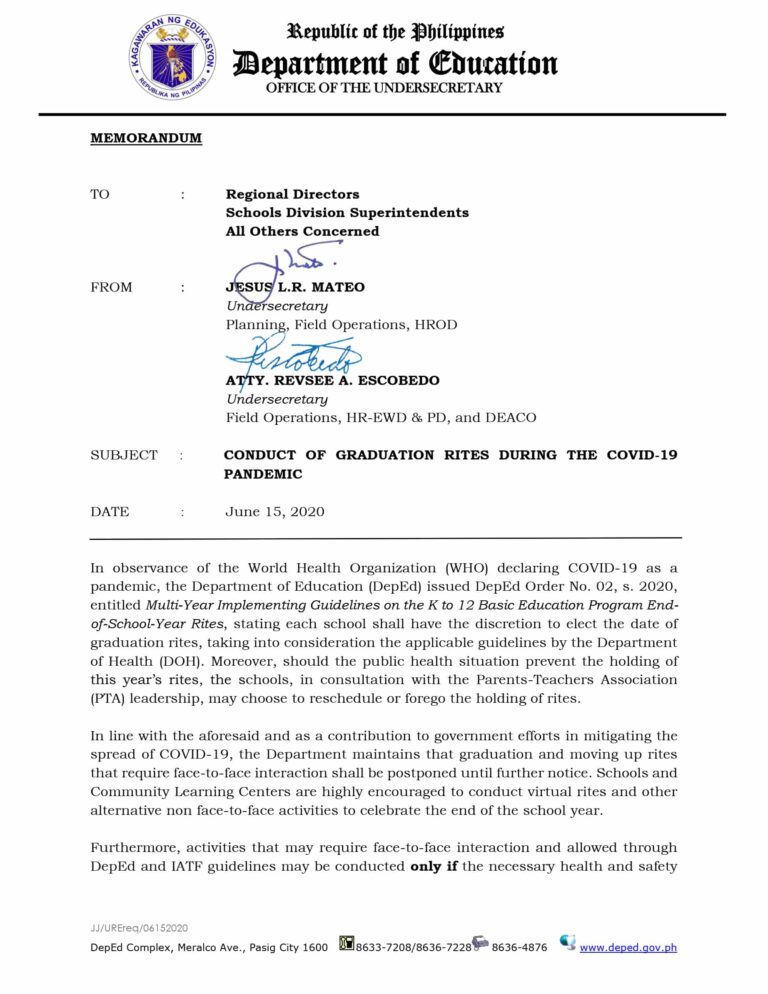 DepEd Memorandum on the Conduct of Graduation Rites During the COVID-19 ...