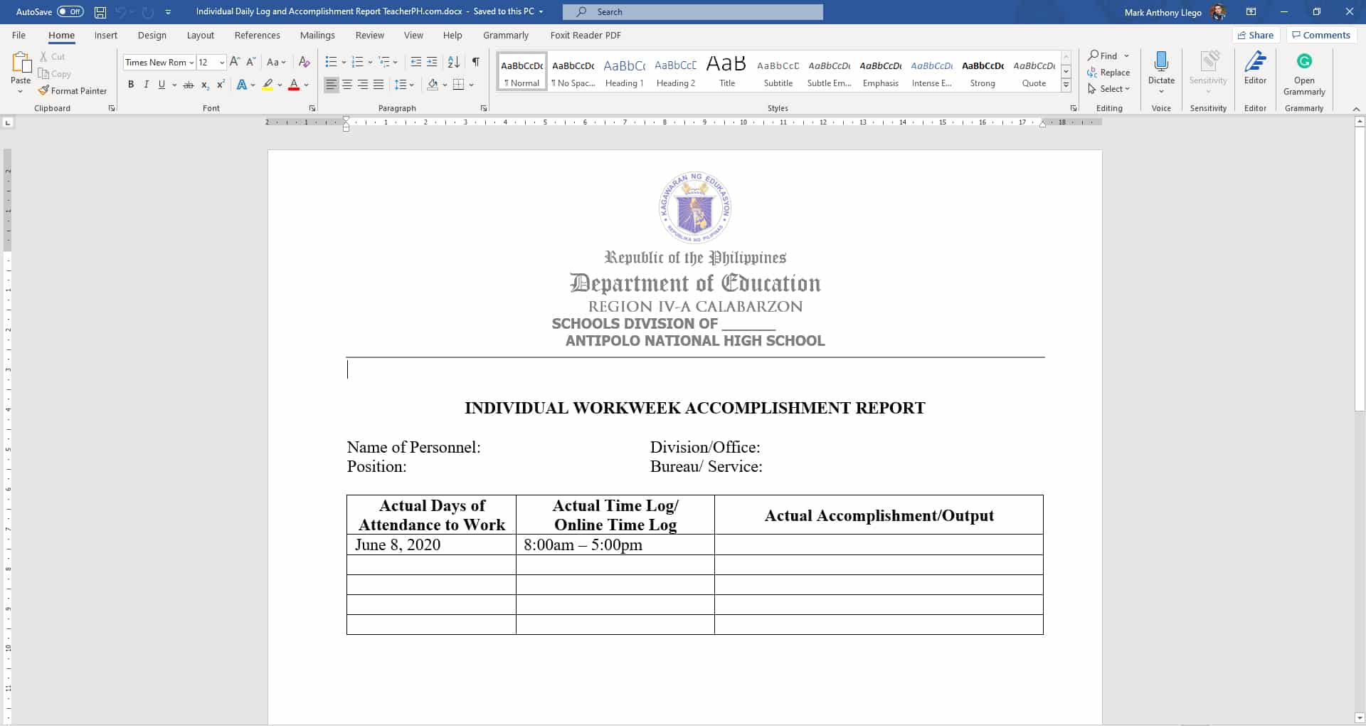 DepEd Individual Daily Log and Accomplishment Report and Workweek Plan ...