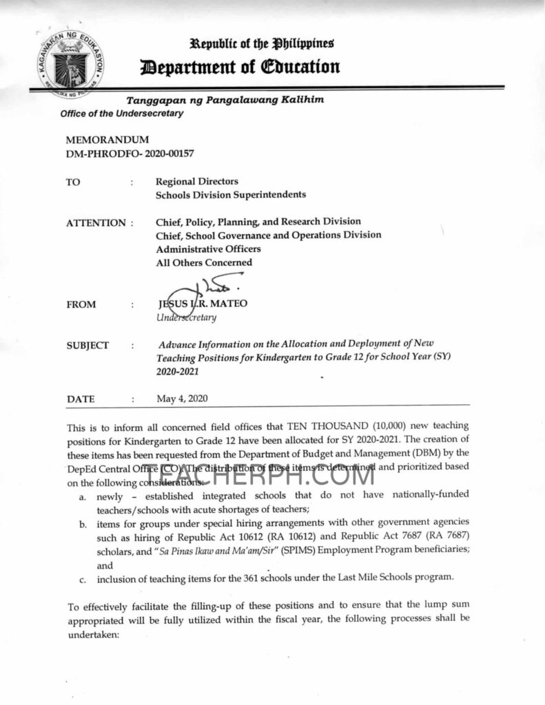 DepEd New Teaching Positions for Kindergarten to Grade 12 for SY 2020 ...