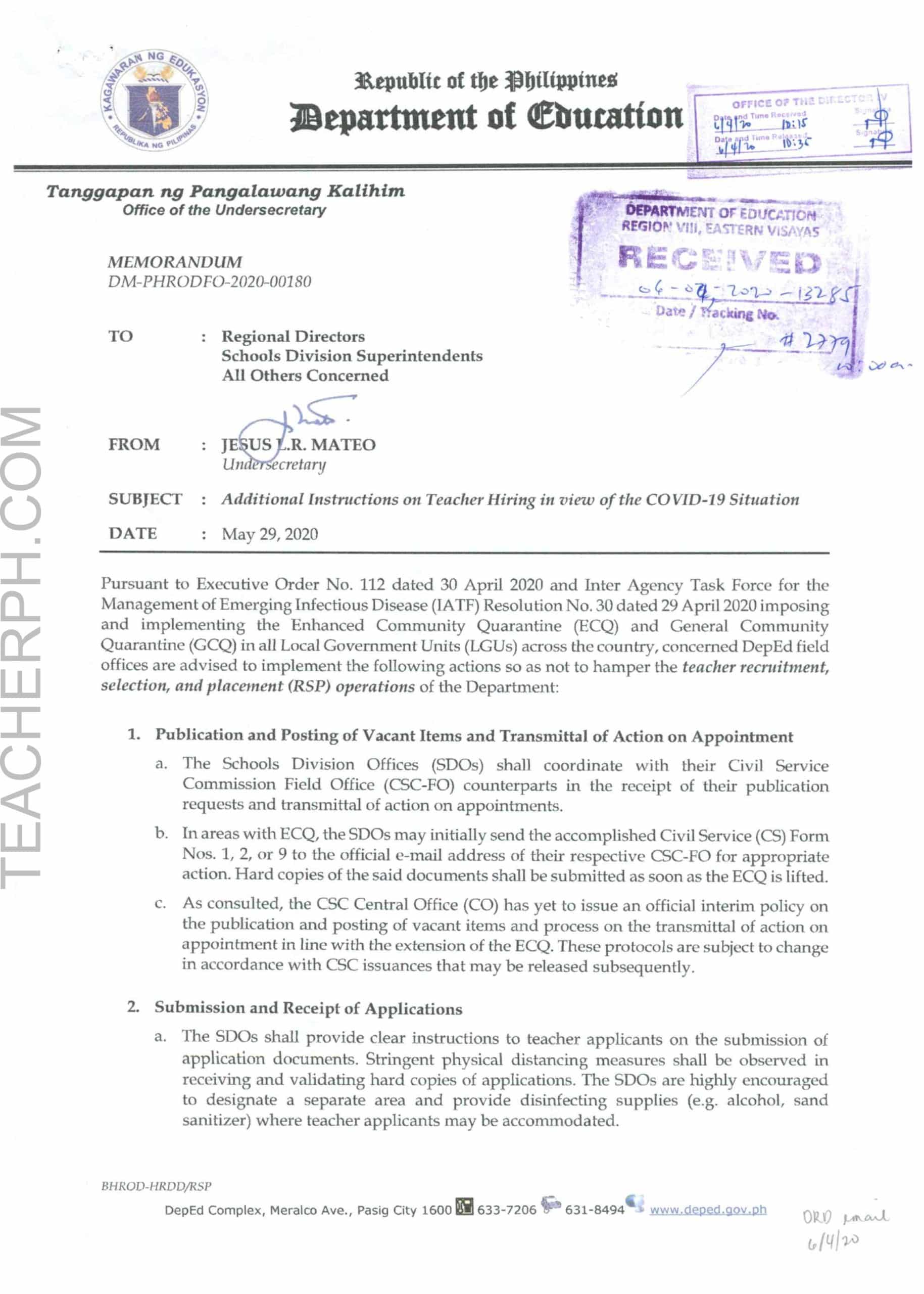 DepEd Instructions on Teacher Hiring in View of the COVID-19 Situation ... DepEd Instructions on Teacher Hiring in View of the COVID-19 Situation ...
