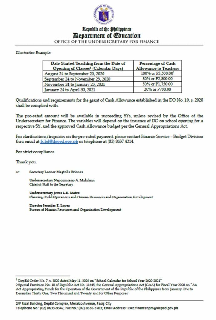 DepEd Pro-Rated Computation of the Cash Allowance to Eligible Teachers ...