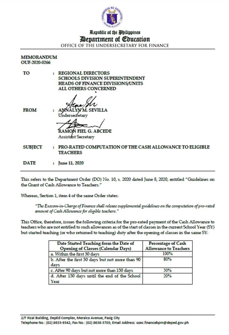 DepEd Pro-Rated Computation of the Cash Allowance to Eligible Teachers ...