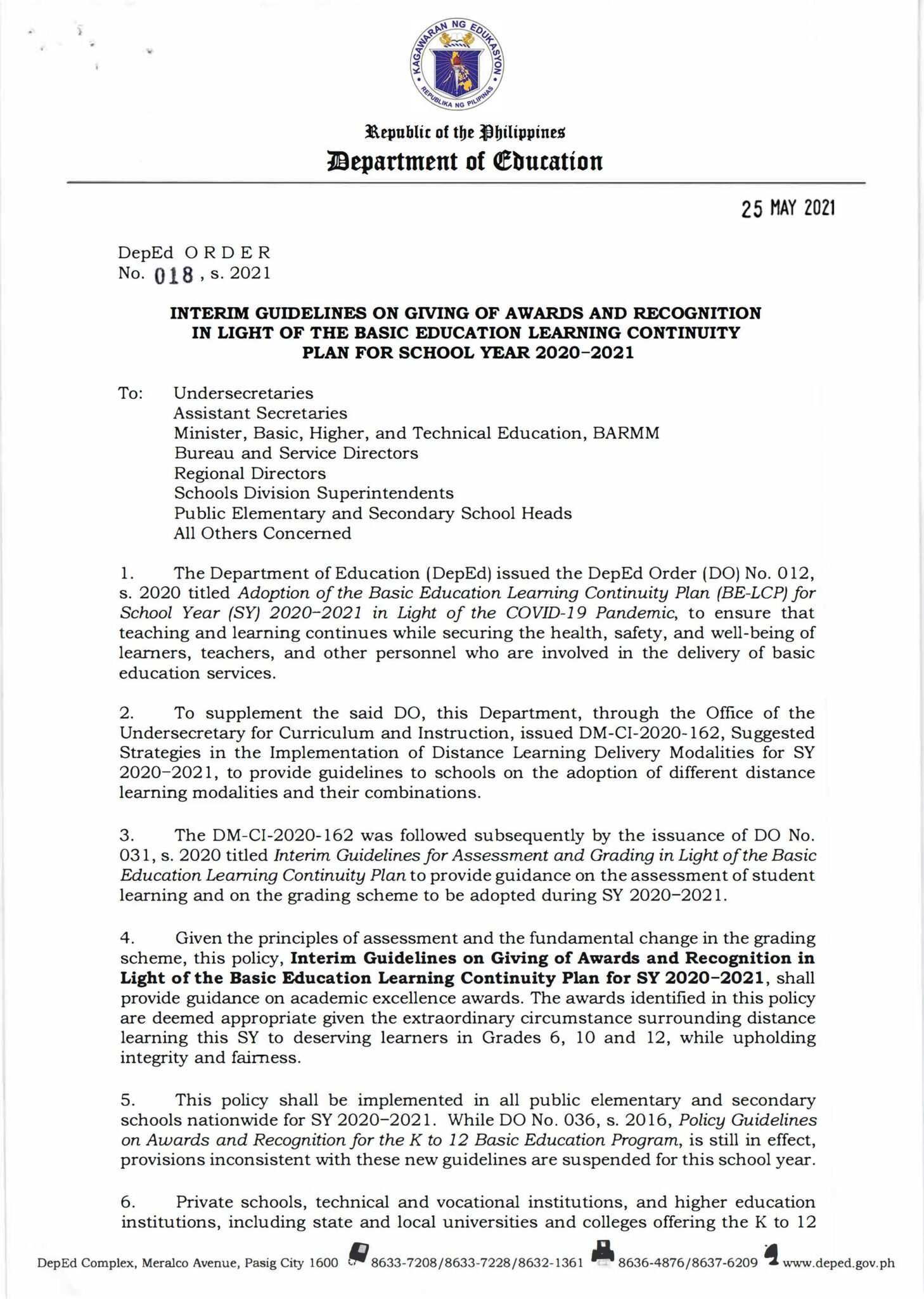 DepEd Interim Guidelines on Giving of Awards and Recognition in Light ...