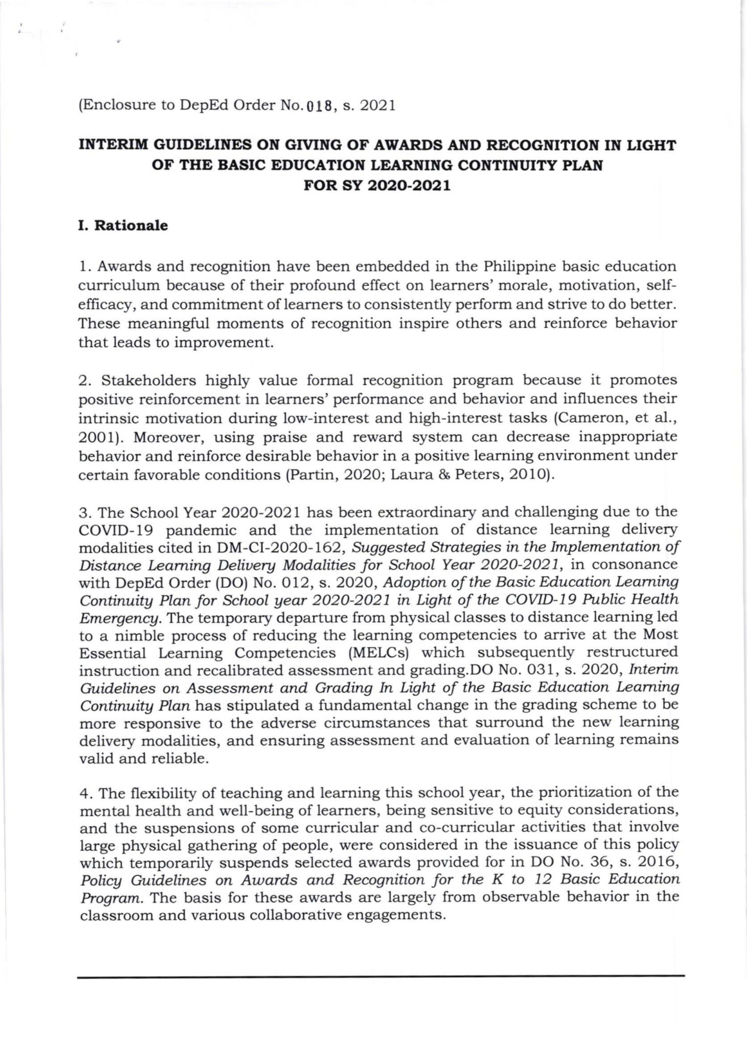 DepEd Interim Guidelines on Giving of Awards and Recognition in Light ...