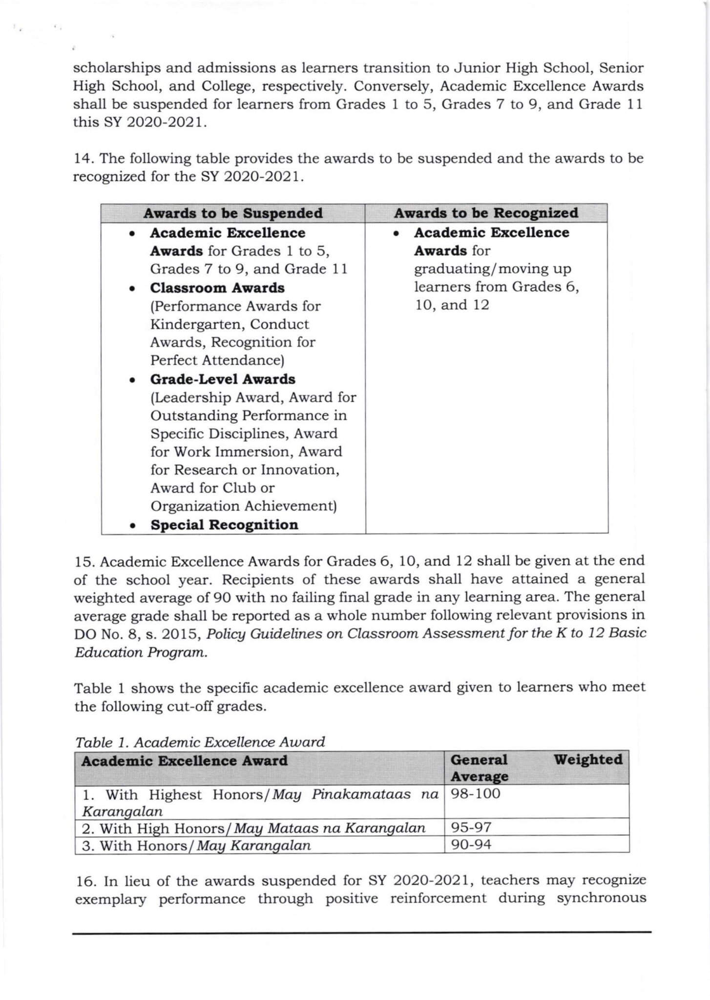 DepEd Interim Guidelines on Giving of Awards and Recognition in Light ...