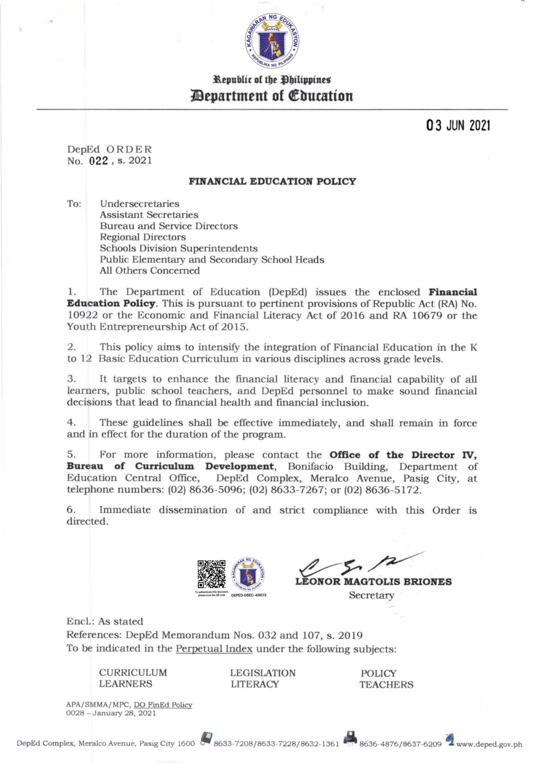 DepEd Financial Education Policy (DepEd Order No. 22, s. 2021) - TeacherPH