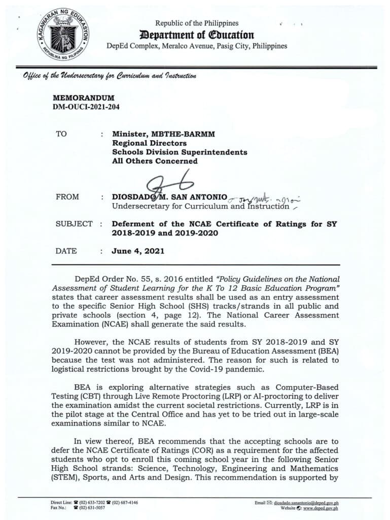 Deferment of the NCAE Certificate of Ratings for SY 2018–2019 and 2019 ...