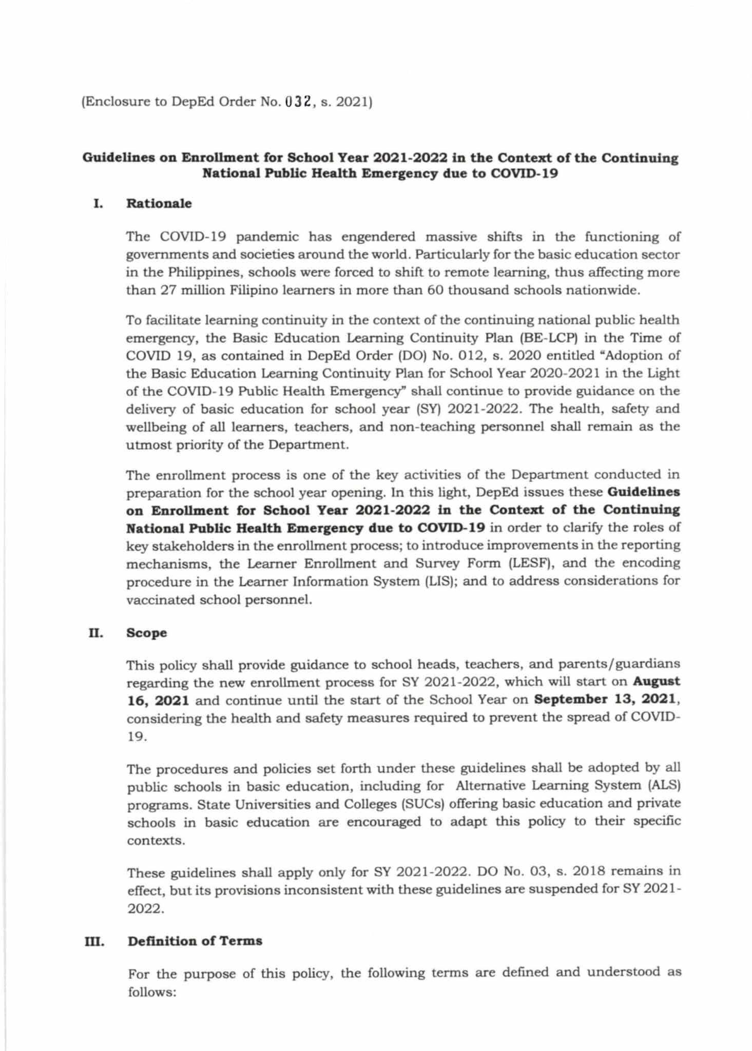 DepEd Guidelines on Enrollment for School Year 2021-2022 - TeacherPH