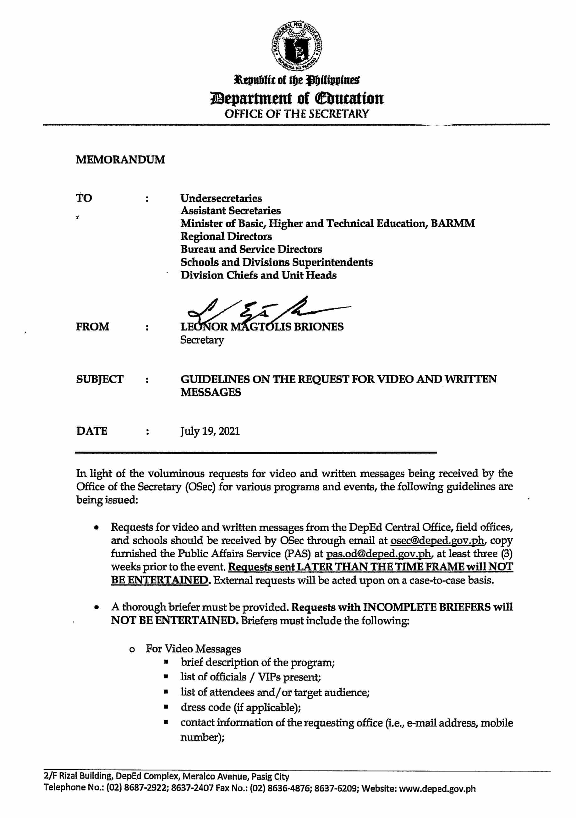 DepEd Guidelines on Requests for Video and Written Messages From Sec ...