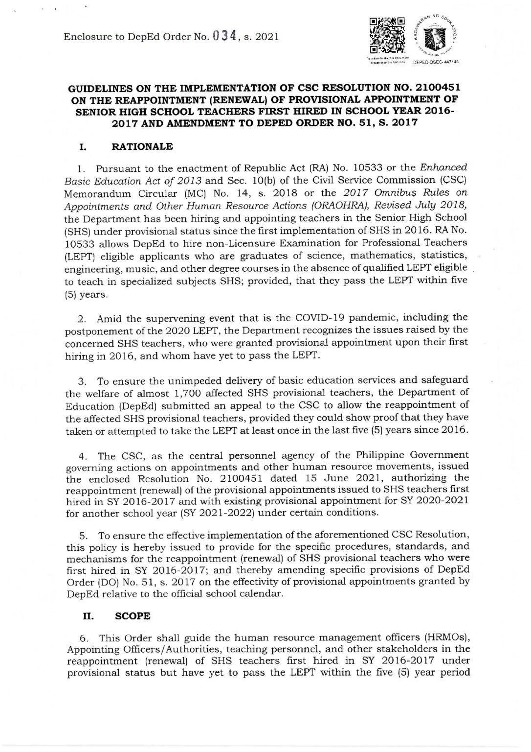 DepEd Guidelines on the Renewal of Provisional Appointment of Senior ...