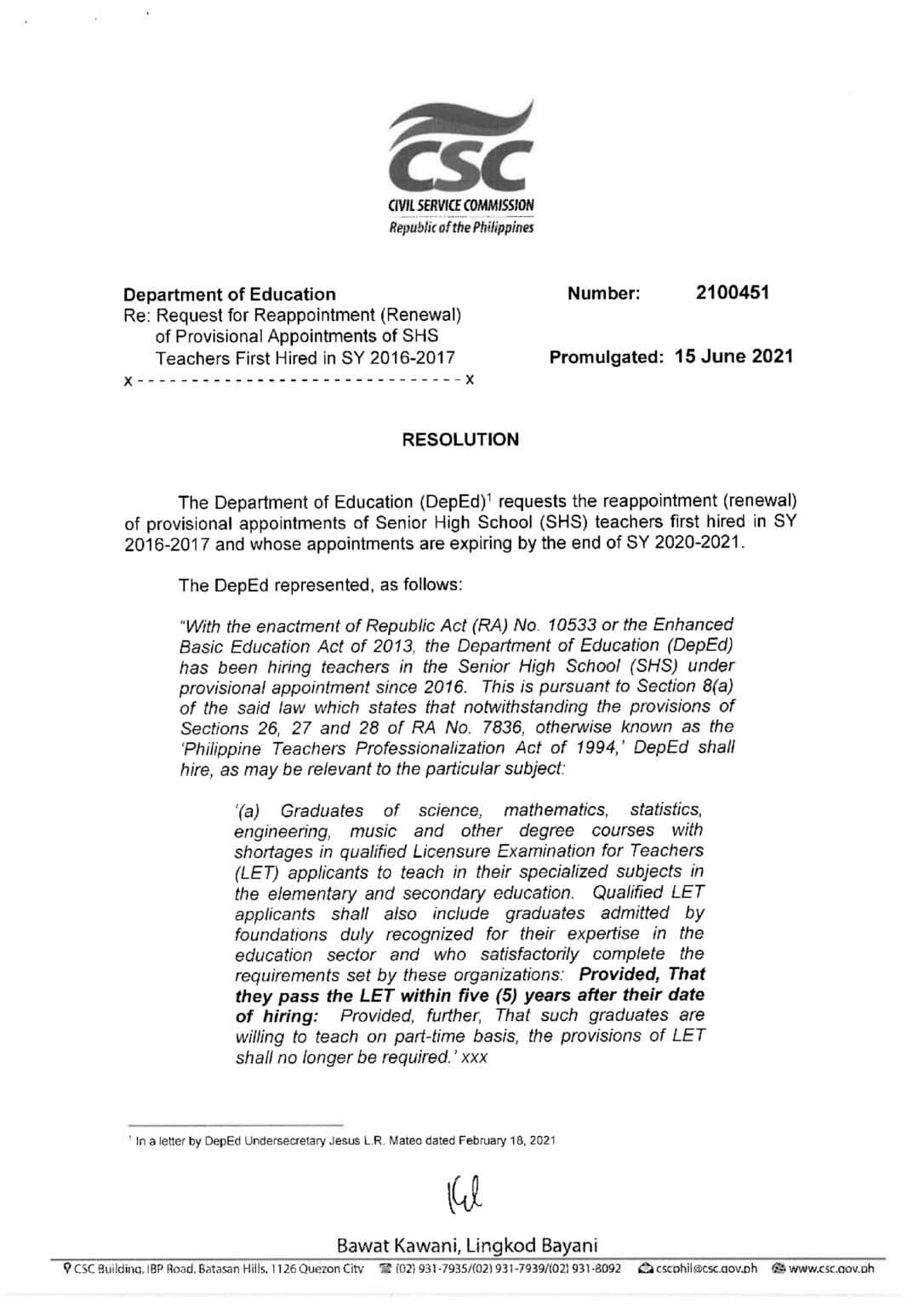 DepEd Guidelines on the Renewal of Provisional Appointment of Senior ...
