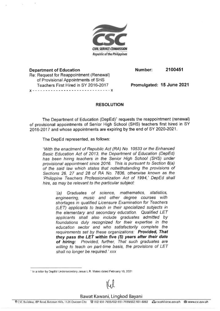DepEd Guidelines on the Renewal of Provisional Appointment of Senior ...