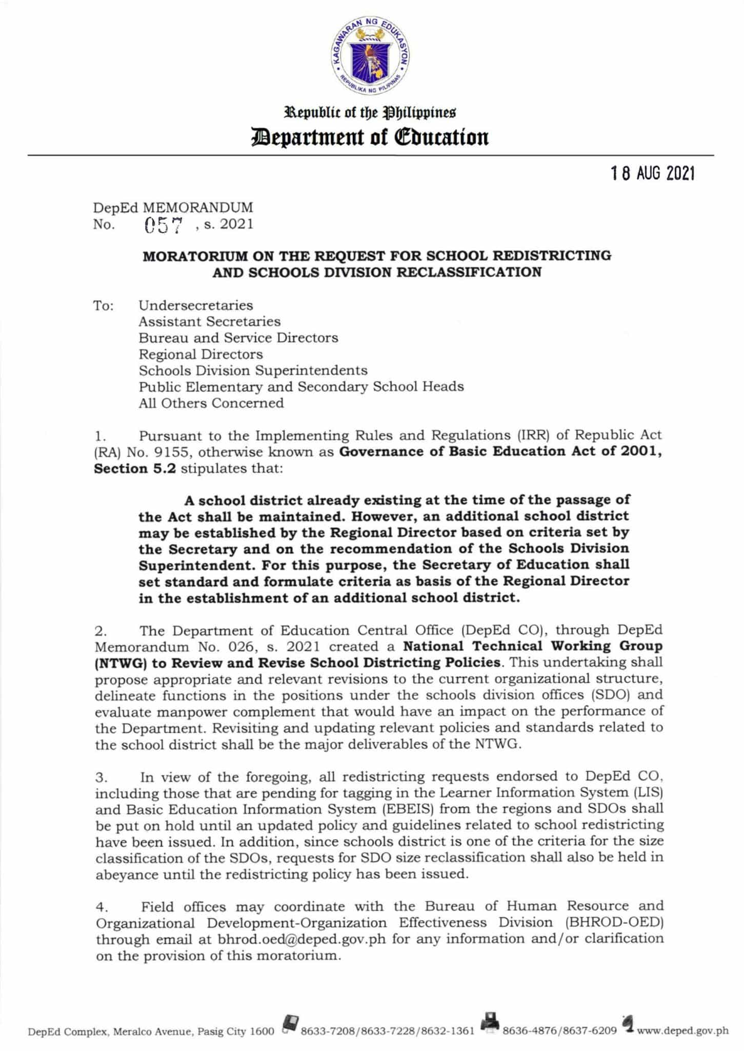 DepEd Moratorium on the Request for School Redistricting and Schools ...