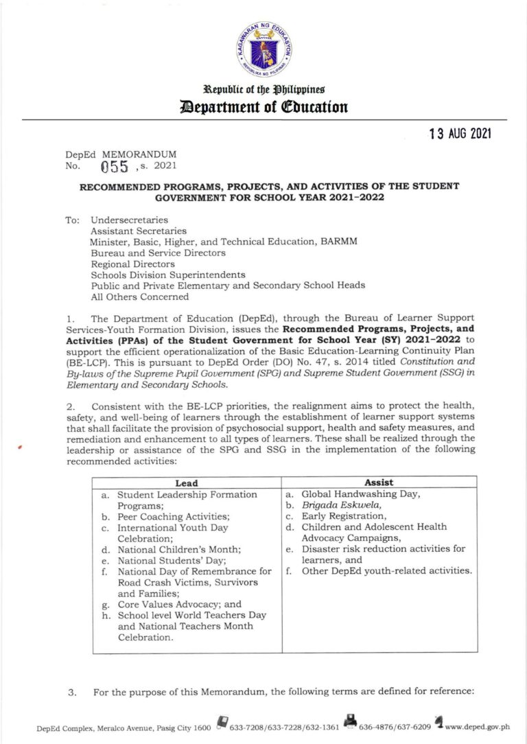 Recommended Programs, Projects, and Activities (PPAs) of the Student ...