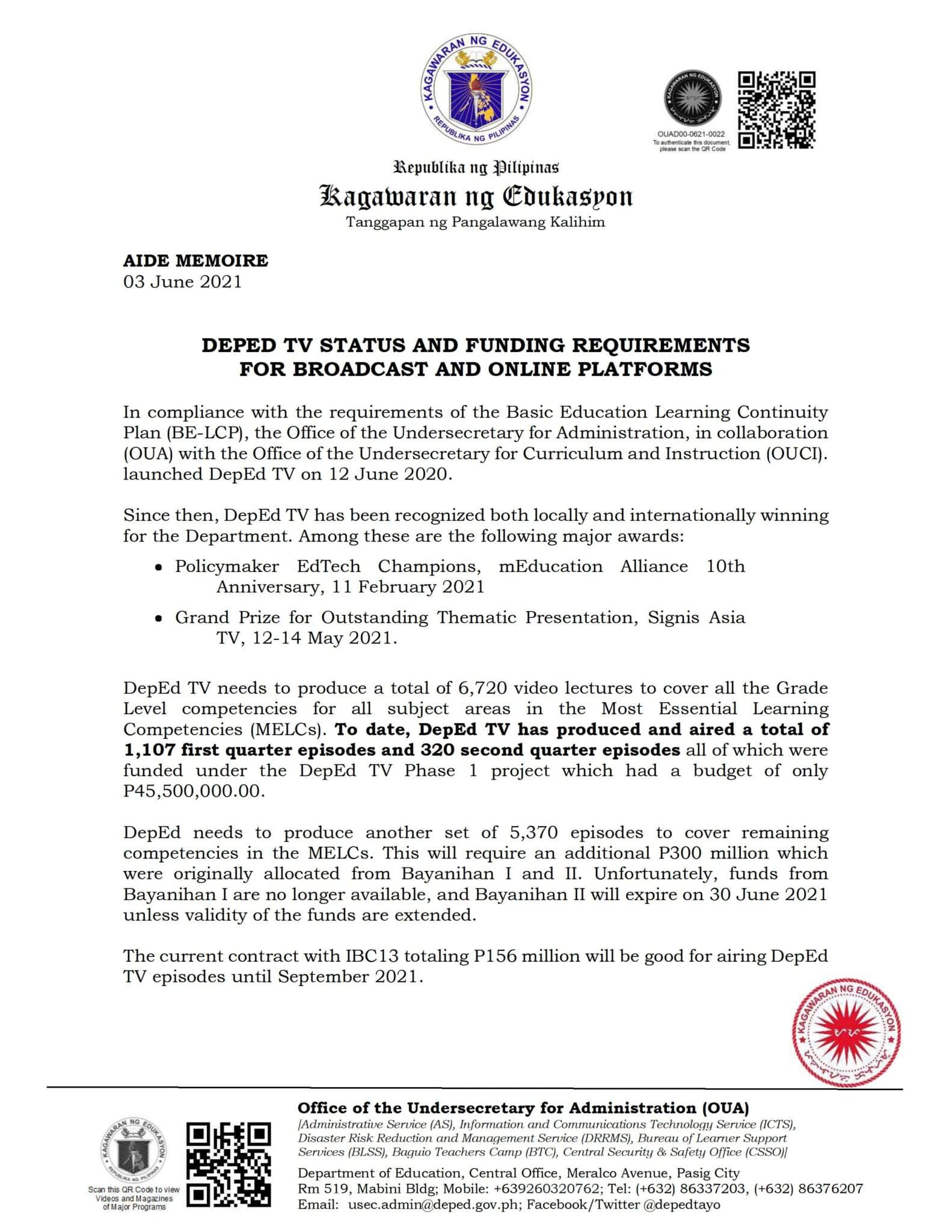 Deped TV Status and Funding Requirements for Broadcast and Online ...