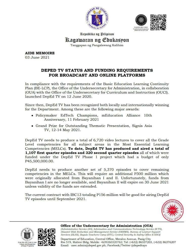 Deped TV Status and Funding Requirements for Broadcast and Online ...