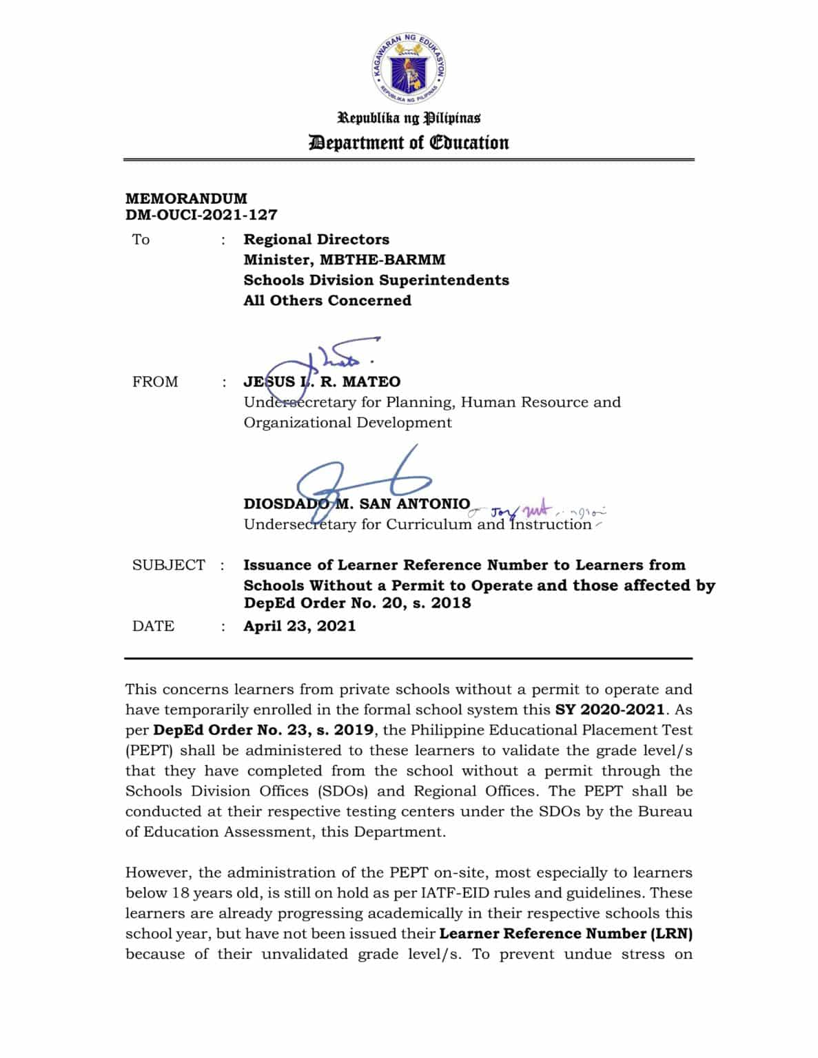 Issuance of Learner Reference Number to Learners from Schools Without a ...