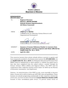 Issuance of Learner Reference Number to Learners from Schools Without a ...